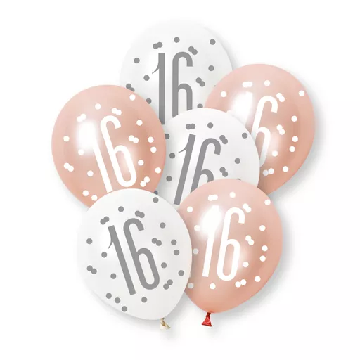 Unique 6 Pack Printed Latex Balloons Rose Gold Glitz Age 16 12"