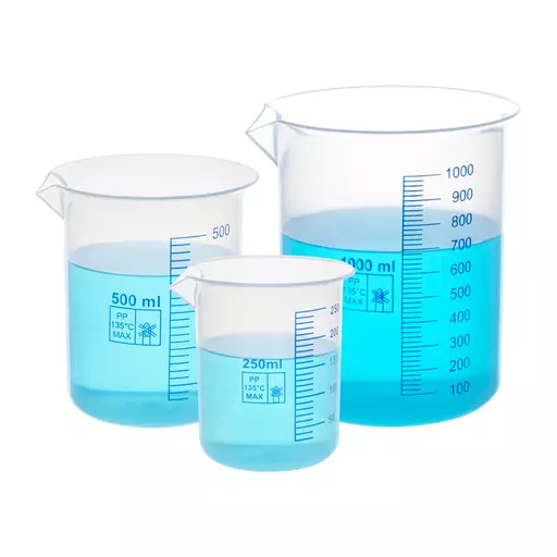 PLASTIC BEAKER WITH BLUE PRINTED GRADUATIONS 100ml