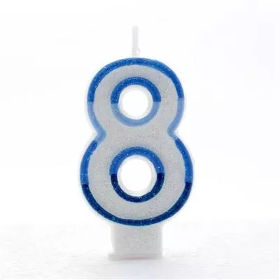 Blue Striped Glitter Number 8 Candle