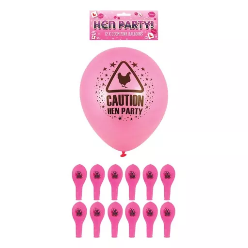 Pink 'Caution! Hen Party' Latex Balloons 12pk