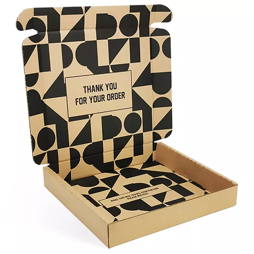 Natural kraft corrugated cardboard ecommerce with black print inside